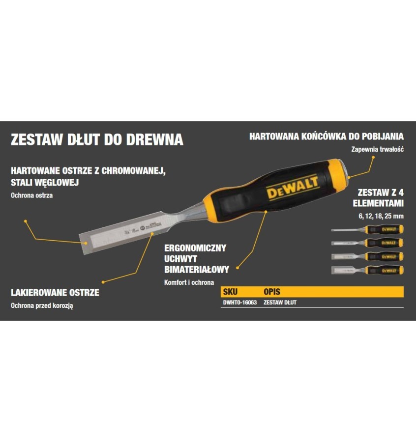 Zestaw dłuta stolarskie do drewna 4szt DeWalt Zestaw dłuta stolarskie do drewna 4szt DeWalt